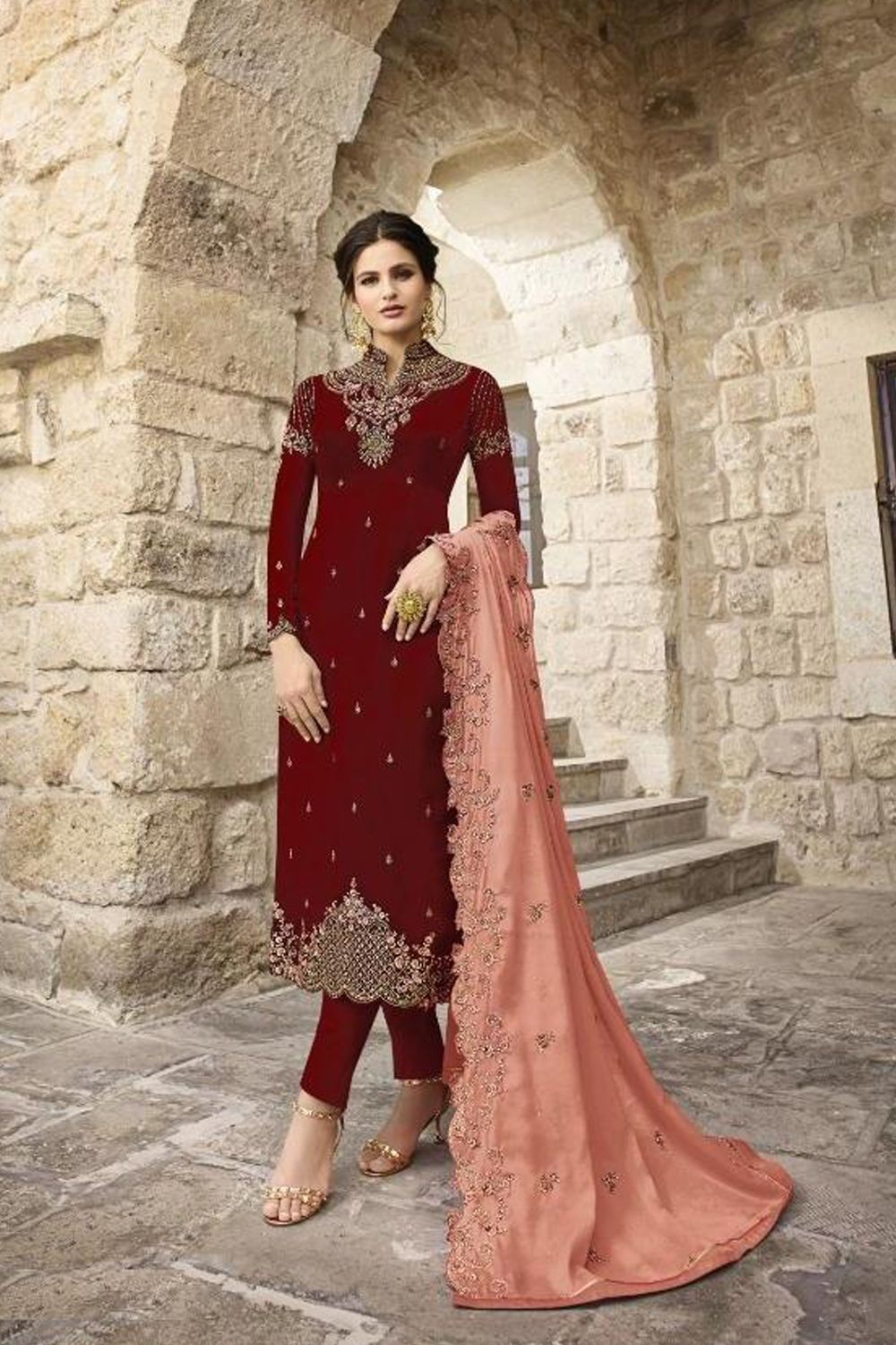 Buy Maroon Satin Georgette Salwar Kameez (NWS-5957) Online